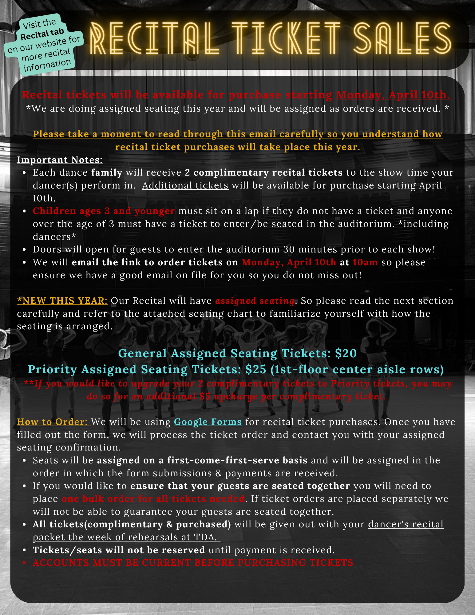 Recital Tickets Sales Info & Other Important Reminders