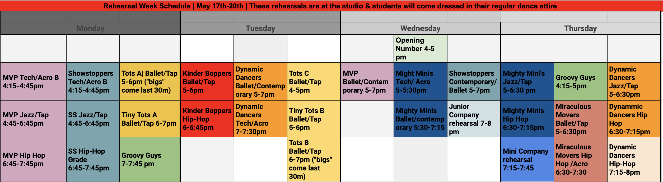 Rehearsal Week Schedule & Dress Rehearsal Schedule